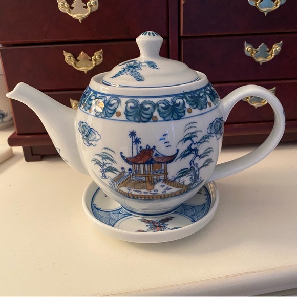 Dining | Orange And Blue Chinoiserie Style Pagoda Tea Pot And Plate ...
